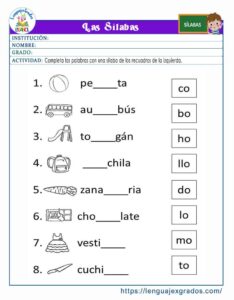 Actividad para trabajar con las sílabas para niños de primer grado
