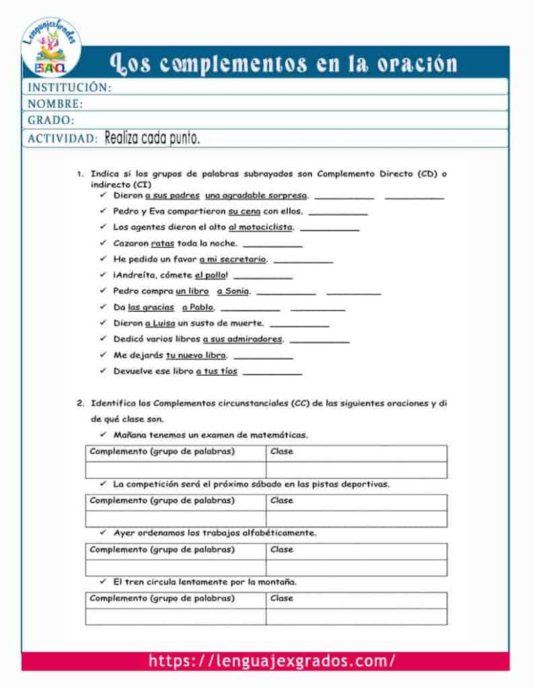 Complementos de la oración directo, indirecto, circunstancial y agente